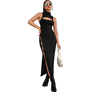 Verdusa Women's Mock Neck Cut Out Split Thigh Sleeveless Long Bodycon Dress Black S