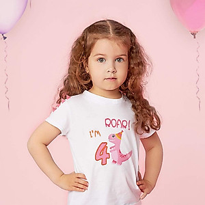 AMZTM 4th Birthday Girl T-Shirt Dinosaur Themed B-Day Party Tee Gift for Toddler (US, Age, 4 Years, White)