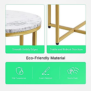 AZL1 Life Concept Concept Modern X-Shaped Small Round Side End Accent Table,Corner Decor/Nightstand for Home Office Living Room Bedroom Marble + Gold, 16 inches, White