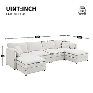 Modern 6-Seat Chenille Modular Sectional Sofa for Living Room, U-Shaped Cloud Couch Set with Double Cushions,Ottomans Cream