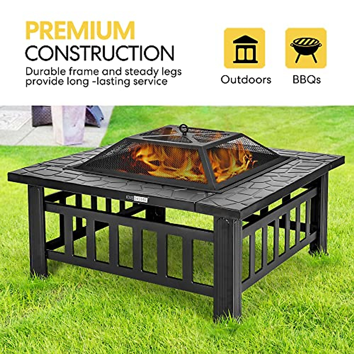 VIVOHOME 32 Inch Heavy Duty 3 in 1 Metal Square Patio Firepit Table BBQ Garden Stove with Spark Screen Cover Log Grate and Poker for Outside Wood Burning and Drink Cooling