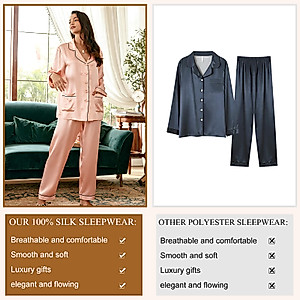 COLD POSH Womens Silk Pajamas Set Slim Fit Long Sleeve Classic Sleepwear Luxury 100% Mulberry Silk Luxury 22 Momme Loungewear,Pink,XL