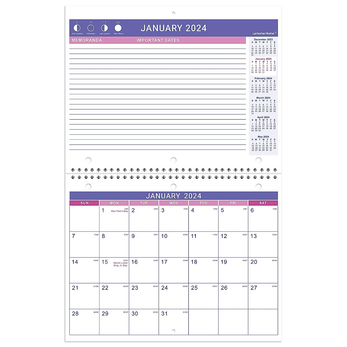 2024 Calendar - 2024 Wall Calendar, JAN. 2024 - DEC. 2024, 11" x 8.5", 12 Monthly Calendar 2024 with Twin-Wire Binding + Hanging Hook + Unuled Blocks with Julian Dates - Purple