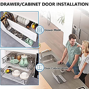 Pull Out Cabinet Drawer Organizer Heavy Duty Telescopic Double Tier Wire Basket Slide Out Shelf Storage 304 Stainless Steel Slide Out Cabinet Organizer for Cupboard, Pantry, Chrome (49W*42D*13H(cm))