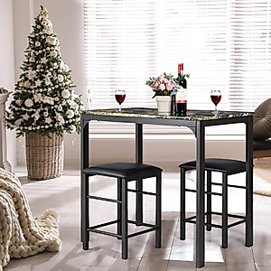 COSTWAY 3 Pieces Dining Table Set, 2 Person Kitchen Breakfast Table and Chair Set Pub Table and Chairs Set, Counter Height Dining Table Set with 2 Bar Stools (Black & Beige)