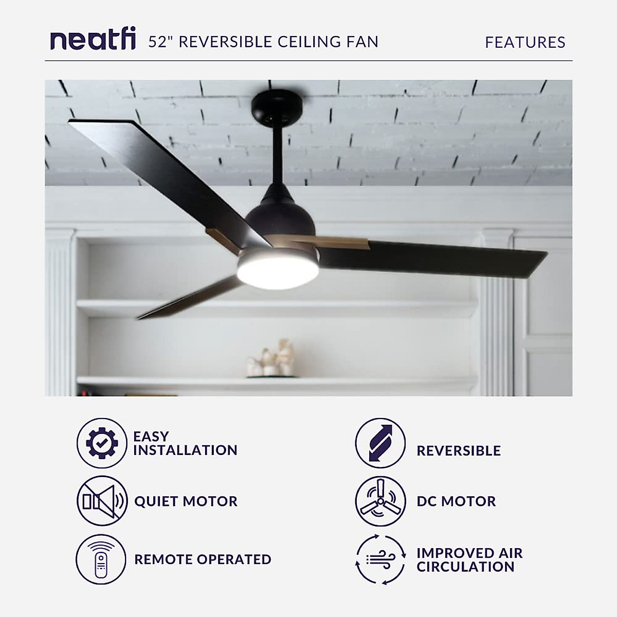 Neatfi 52-Inch Ceiling Fans with Lights & Remote Control, 6 Speed, 3 Reversible Wood Blades Downrod Ceiling Fan with 3 Light Colors for Bedroom, Living Room & Patio (Black, 52 Inches)