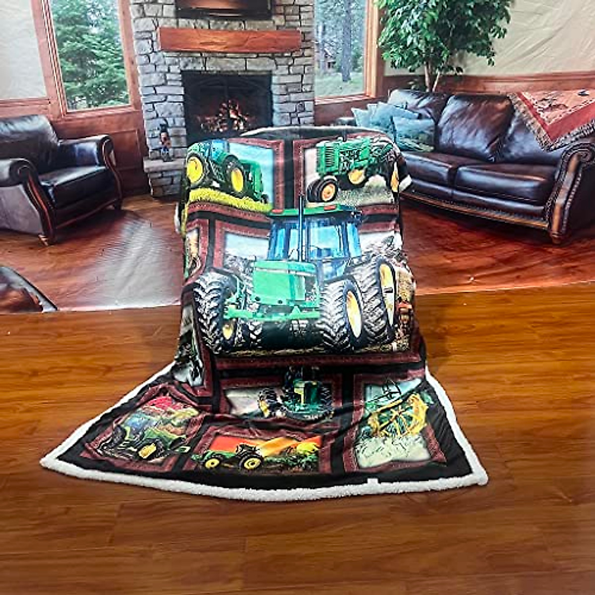 Green Tractor Machinery Front Flannel Back Sherpa Fleece Blanket Gift for Truck Driver Lover Wife Kids (X-Large 80 X 60 INCH)