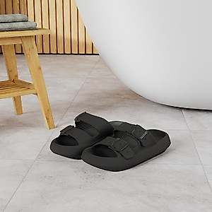 BRONAX Cloud Slides for Women Shower Pillow Slippers Cushion Bathroom Pool Extra Thick Sole Adjustable Double Buckle Foam Beach Sandals Ladies Soft Size Black