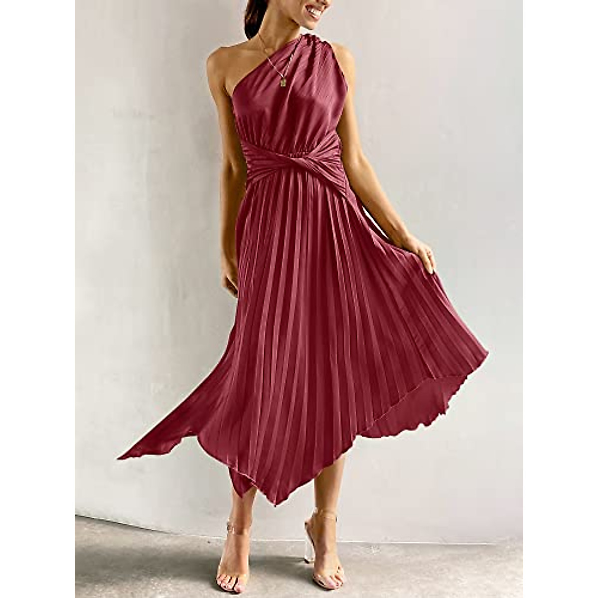 ANRABESS Women's Summer One Shoulder Elegant Cocktail Party Midi Dress Sleeveless Pleated Asymmetric Satin Evening Night Dress Wedding Guest Graduation Prom Dresses 751zaohong-S Maroon