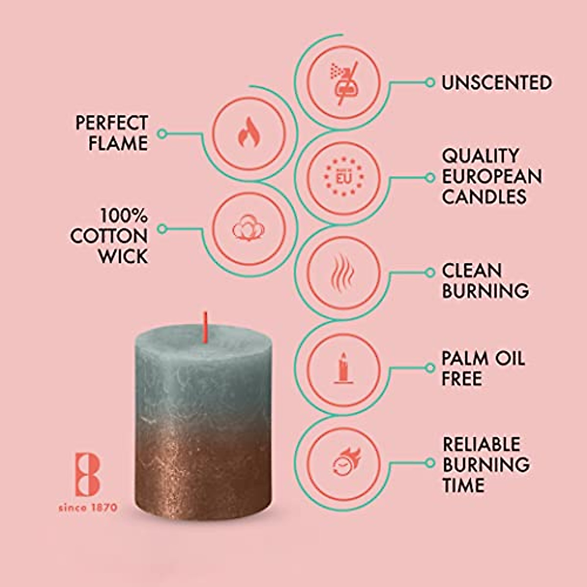 BOLSIUS 4 Pack Eucalyptus Green/Copper Sunset Rustic Metallic Pillar Candles - 2.75 X 3.25 Inches - Natural Eco-Friendly Plant-Based Wax - Unscented Dripless Smokeless 35 Hour Quality European Candles