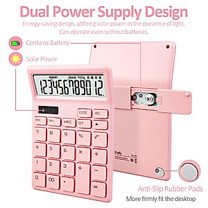 Exlliy Desk Calculator 12 Digit,Pink Desktop Dual Power Battery and Solar,Desk Calculators with Large LCD Display,Perfect for Home, Office,and School Use,Auto Sleep