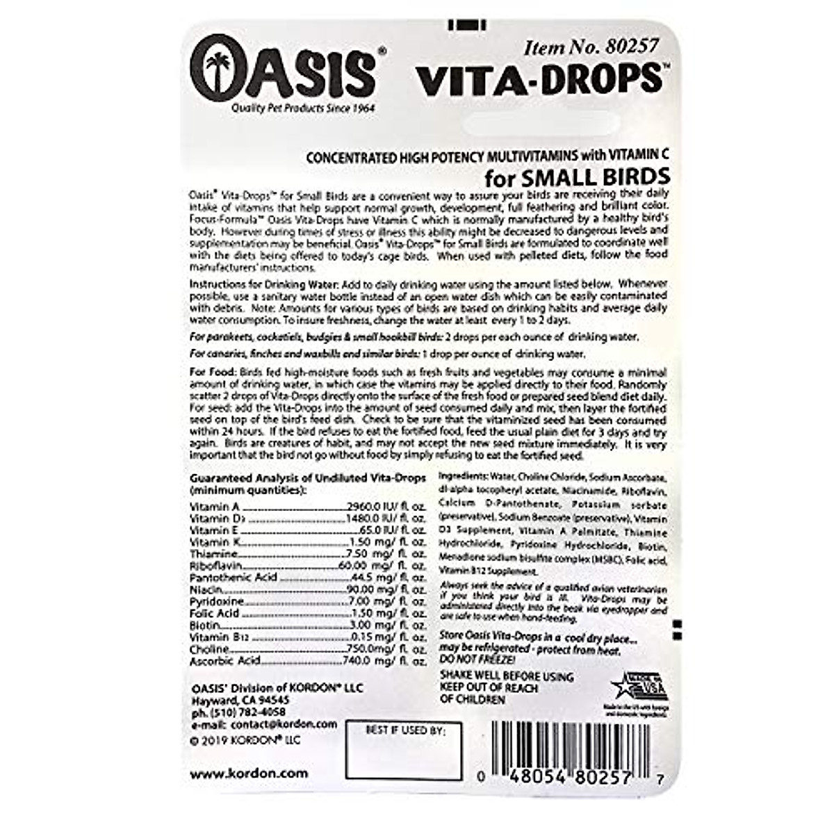 OASIS #80257 Vita Drops for Small Birds, 2- ounce liquid multivitamin