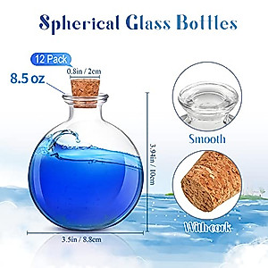 12 Pcs Spherical Glass Bottles with Cork 8.5 oz Round Potion Bottles Clear Halloween Potion Bottles Decor Decorative Glass Sphere Jar for Sand Costume Props DIY Crafts