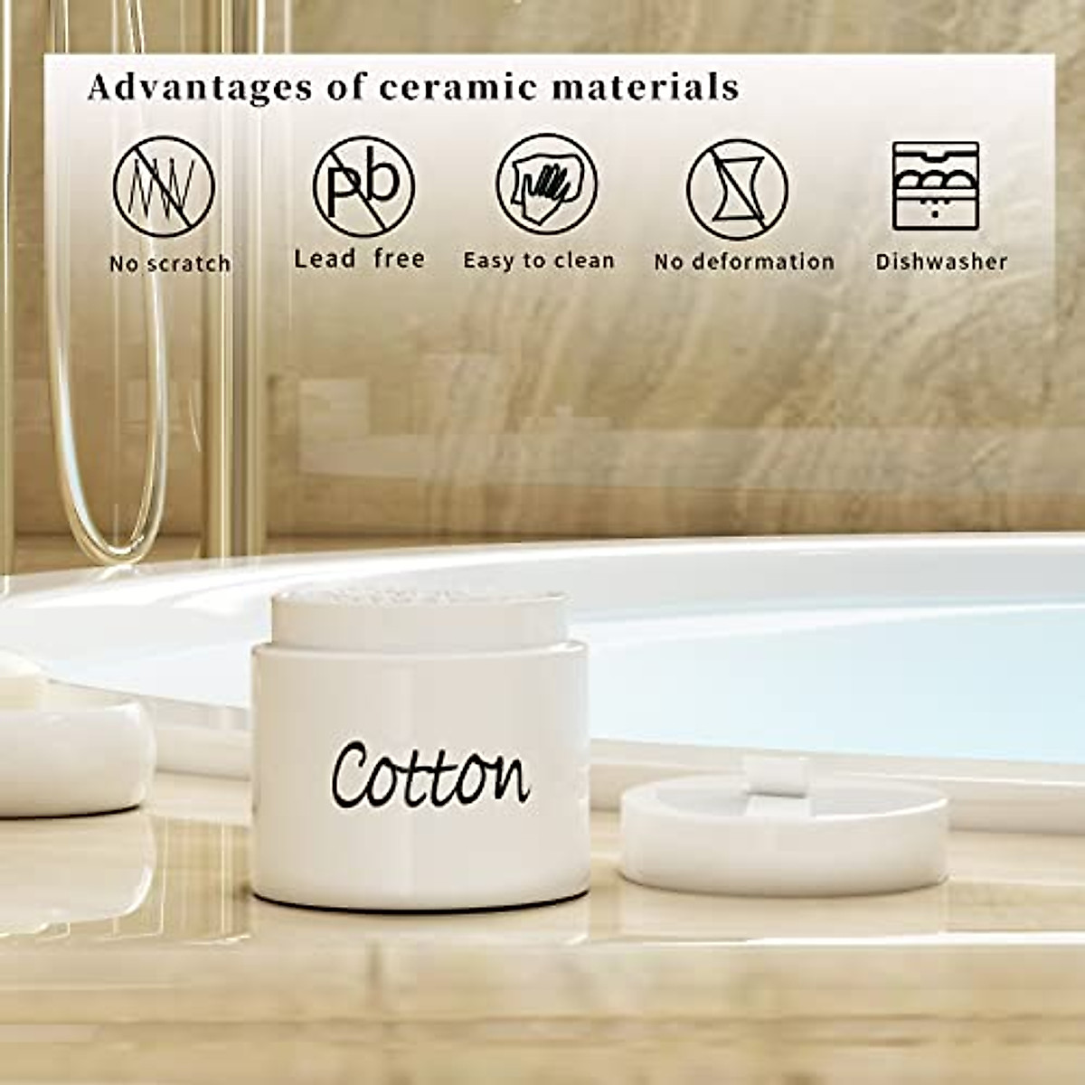 LEETOYI Ceramic Cotton Swabs Holder Organizer with Lid,Storage Canisters for Cotton Swabs White