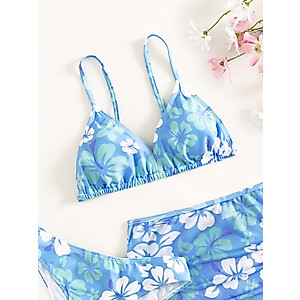 COZYEASE Girls' 3 Piece Set Floral Print Bikini Swimsuit with Drawstring Beach Skirt Cute Ruched Bathing Suit Multicolor Blue 14 Years