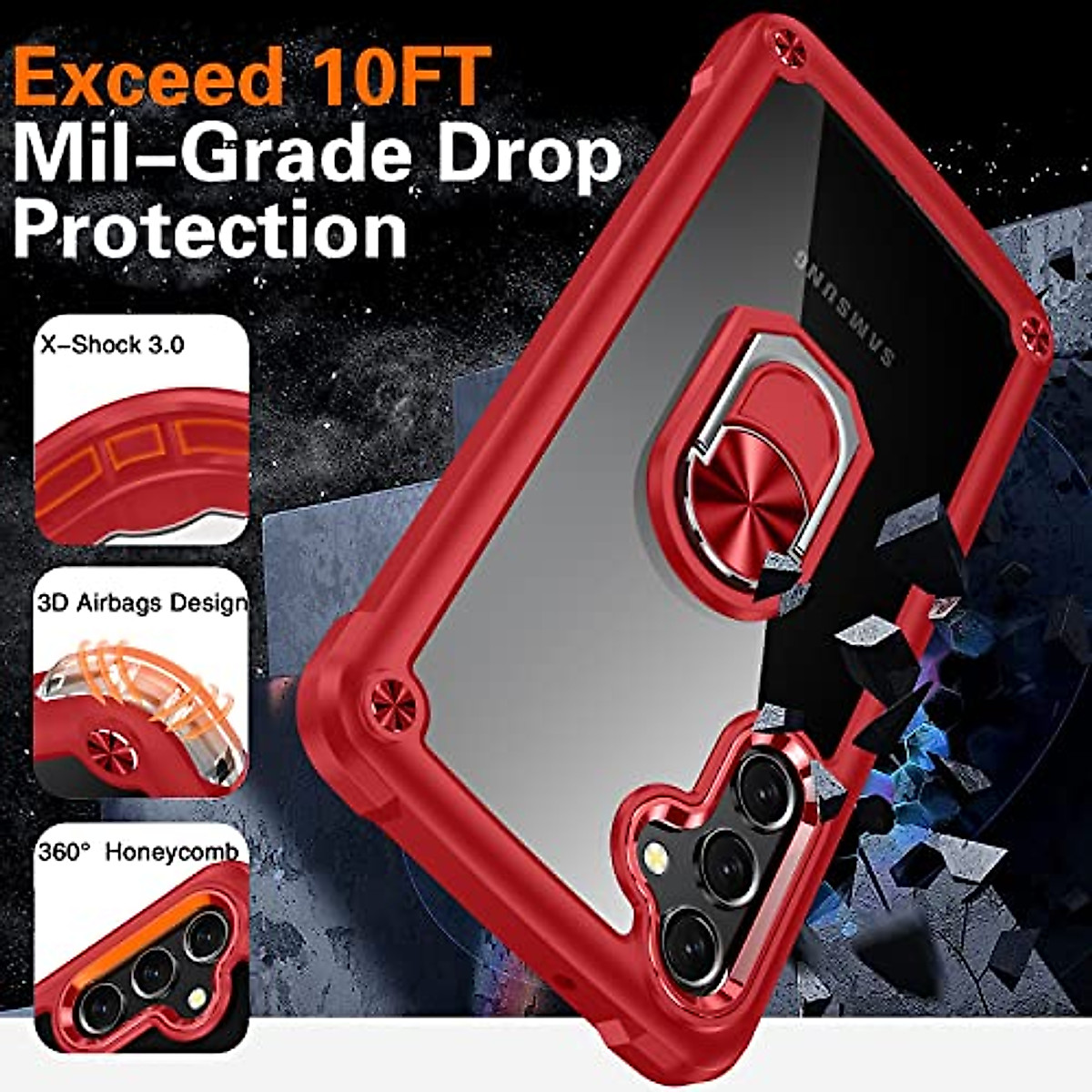 GOLDJU for Samsung Galaxy A14 5G Case, Galaxy A14 Case with [1P Screen Protector]& [1P Camera Lens Protector]& [Metal Kickstand]& [10FT Military Grade Drop Protection] Clear Back 2023(Red)