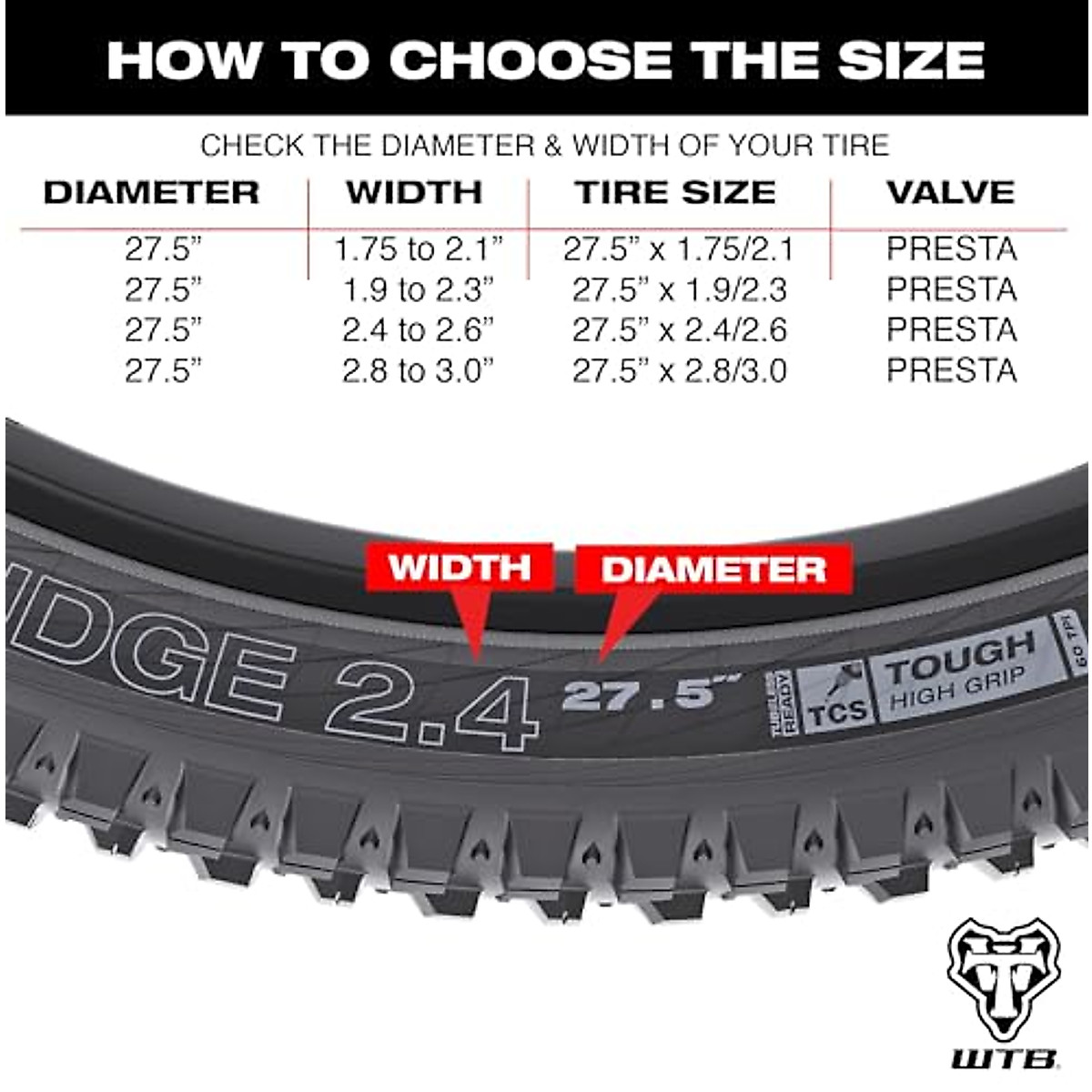 WTB Presta 27.5 Mountain Bike Tube | 27.5 x 1.75-2.1 48mm Valve | Mountain Bike Inner Tube for 27.5 Bikes, Durable While Lightweight