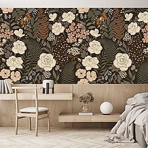 HAOKHOME Peel and Stick Wallpaper Floral Vintage Removable Rose Leaf Black/Brown/Beige Stick on Mural 17.7in x 9.8ft