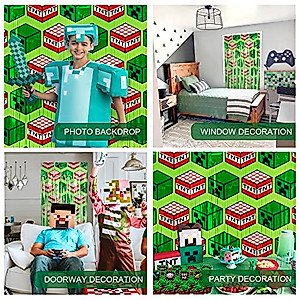 Bupelo Pixel Game Themed Party Supplies,4 Pack Creeper & TNT Tinsel Foil Fringe Curtains,Miner Themed Photo Booth Prop Backdrop Streamer,Miner Crafting Birthday Party Decorations,Room Decor for Kids