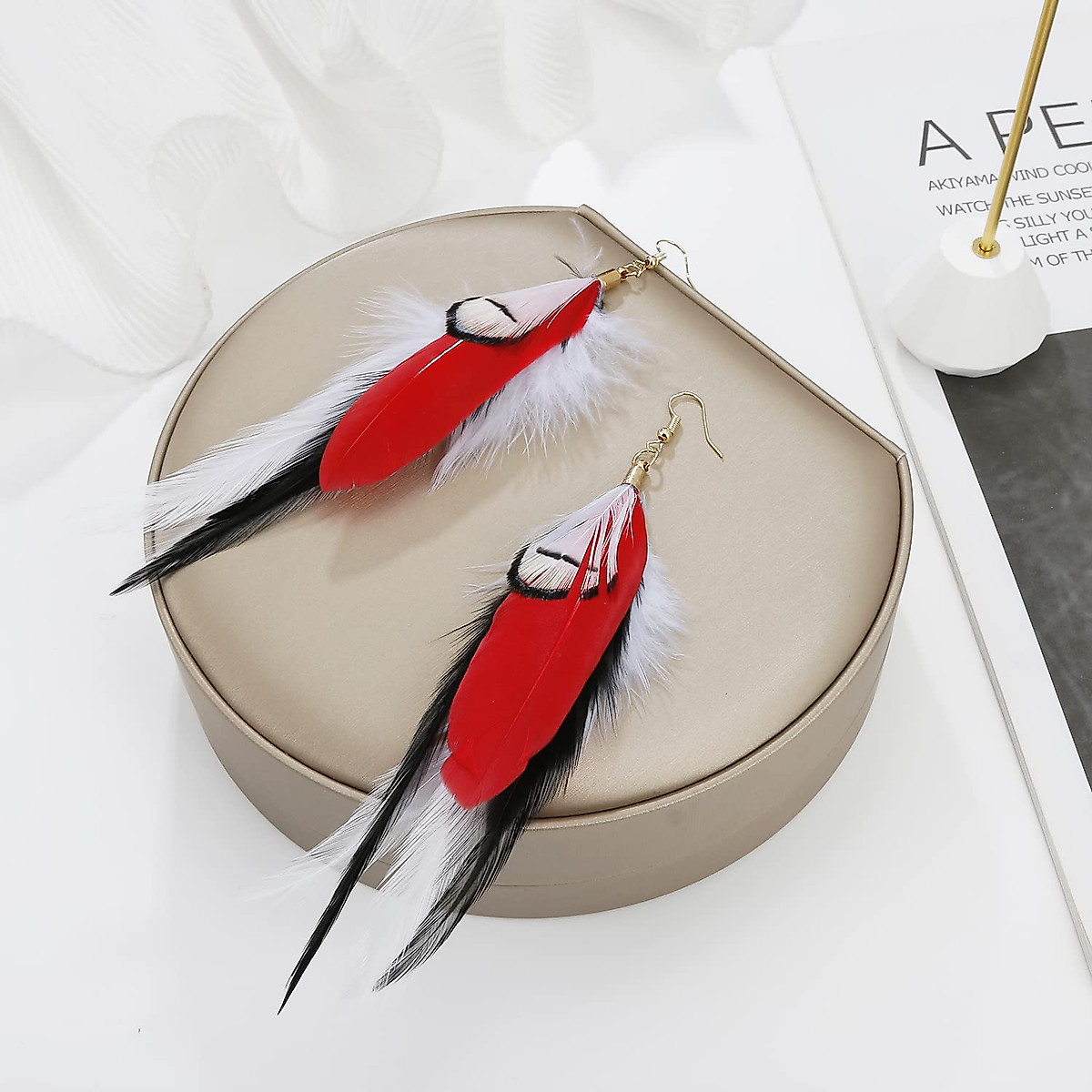 YINRIS Long Bohemian Pheasant Feathers Statement Earrings Handmade Natural Lightweight Feather Dangle Earrings for Women (ea000067) (Red&Black)