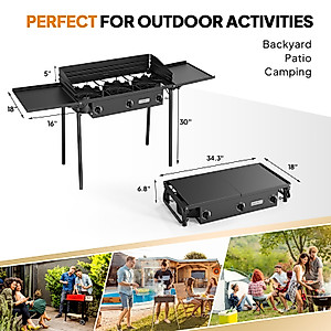 ROVSUN 3 Burner Gas Stove with 2 Side Shelves, 225,000BTU Portable Propane Stove with Removable Leg, Wind Panel, Regulator for Camping Home Backyard Outdoor Cooking Brewing Canning Turkey Frying