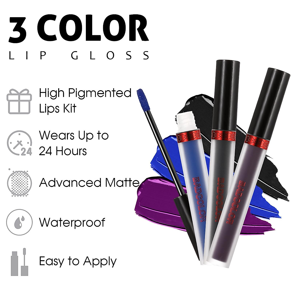 BADCOLOR 3 Colors Matte Liquid Lipstick Set, 24-Hour Smudge Proof Permanent Dark Lipstick Waterproof Velvet Nonstick Cup Stain Lip Gloss Set, Halloween Makeup Lip Gloss Gift - Purple, Black, Blue