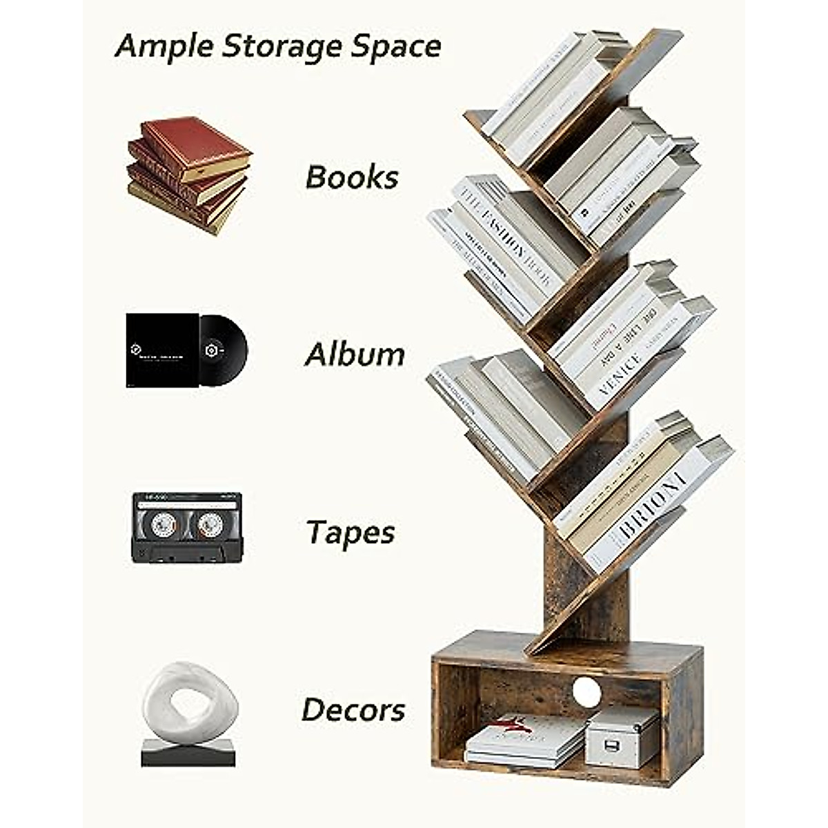 Aobafuir 6-Tier Tree Book Shelf, Open Side Standing Bookcase Shelf, Wooden Bookshelves Storage Rack for CD/Book, Utility Organizer Shelves for Living Room,Bedroom, Rustic Brown