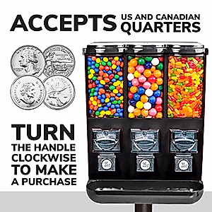 Vending Machine - Commercial Gumball and Candy Machine with Stand - Triple Vending Machine with Removable Canisters - Coin Operated Candy Dispenser and Gumball Machine - Vending Dispenser - Black