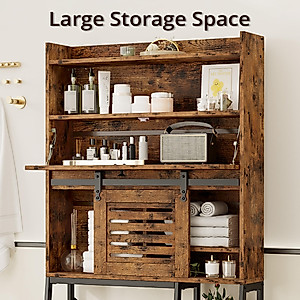 IRONCK Over The Toilet Storage with Cabinet, Sliding Barn Door, Side Storage Open Rack, Mass-Storage Over Toilet Bathroom Organizer for Bathroom, Restroom, Laundry, Vintage Brown