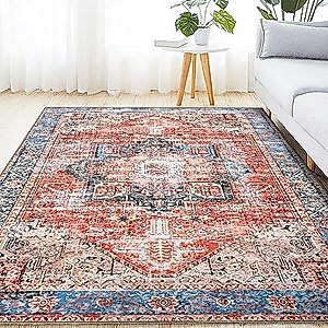 ROCYJULIN 5x7 Area Rugs for Living Room, Machine Washable Vintage Rugs for Bedroom, None Slip Persian Carpet for Dining Room Under Table, Low Pile Soft Oriental Rug, Orange/Red