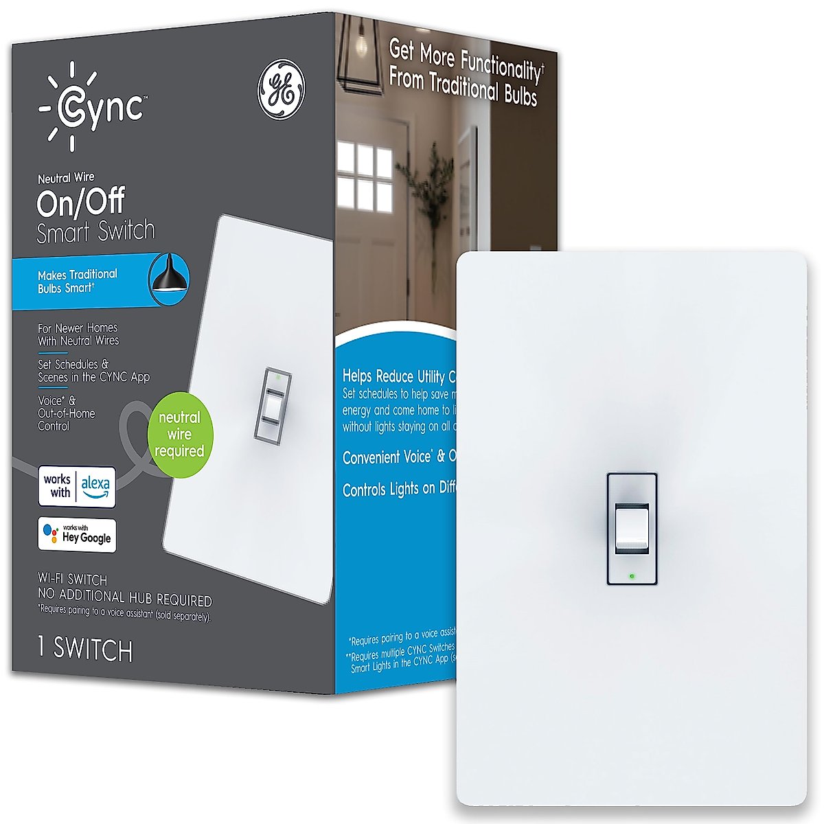 GE CYNC Smart Light Switch, Toggle Style, Neutral Wire Required, Bluetooth and 2.4 GHz 4-Wire Wi-Fi Switch, Works with Alexa and Google (1 Pack)