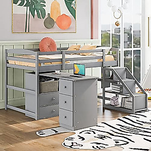 Woanke Twin Size Low Loft Bed with Multifunctional Movable Built-in Desk and Storage Drawers, Solid Wood Loft Bedframe for Kids Teens Boys Girls, 77.4''L*82''W*44.7''H, Grey