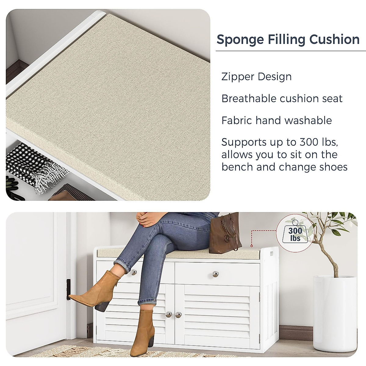 WARMHONIU Shoe Storage Bench with 2 Drawers & 2 Door Cabinet, Entryway Bench with Shoe Storage, Shoe Bench with Cushion, Adjustable Shelves, Shoe Rack Bench for Entryway, Hallway, Bedroom, White