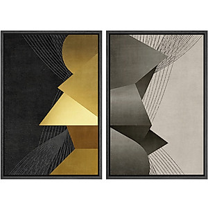 SIGNWIN Framed Canvas Print Wall Art Set Geometric Nordic Gold Gray Mid-Century Polygons Abstract Shapes Illustrations Minimal Decorative Bohemian for Living Room, Bedroom, Office - 16"x24"x2 Black