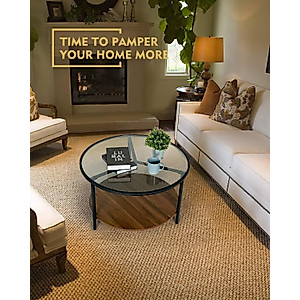 Moncot Round Coffee Table Small Coffee Table with Glass Top and Walnut Wood Shelf Modern Center Table with Metal Frame for Living Room