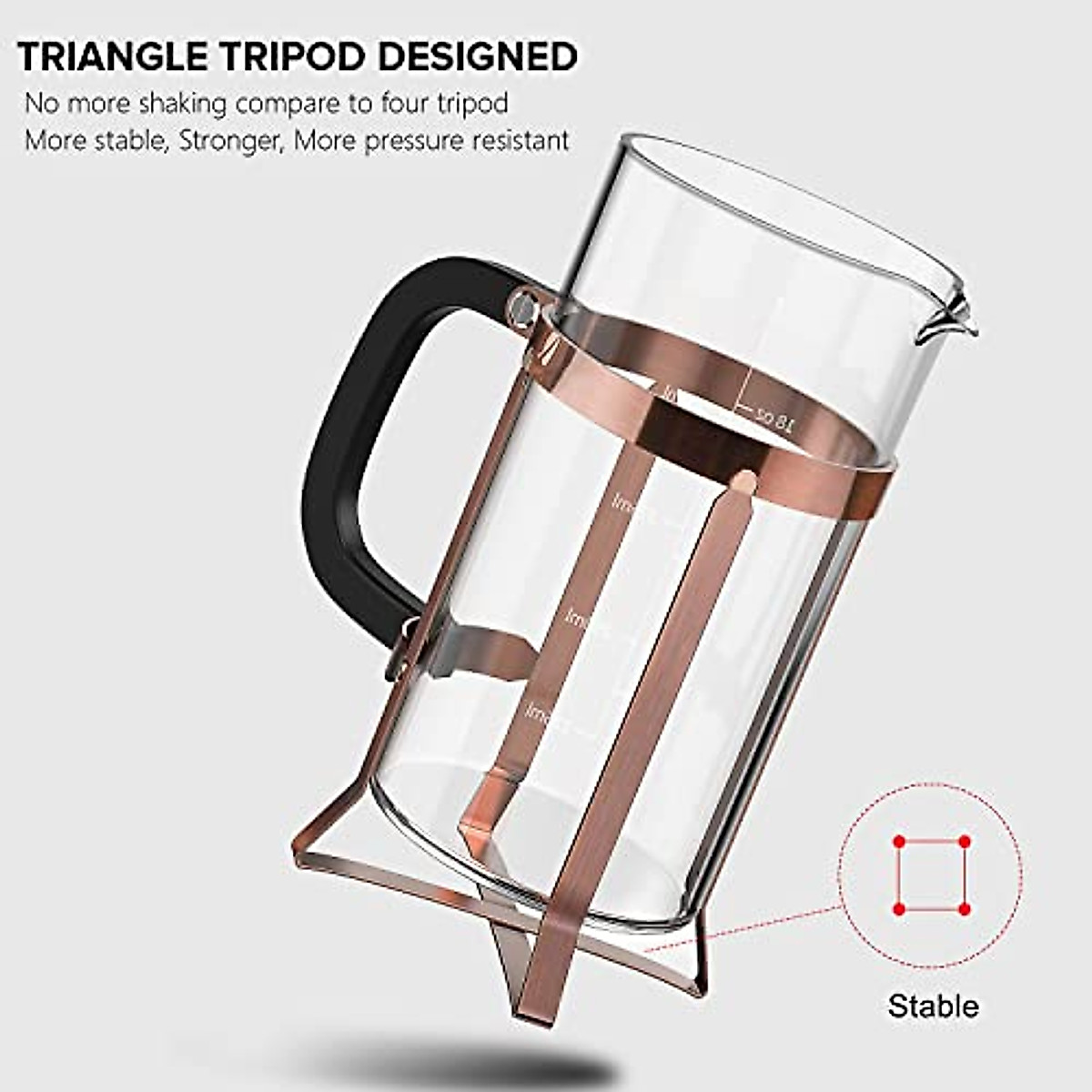 QUQIYSO French Press Coffee Maker 304 Stainless Steel French Press with 4 Filter, Heat Resistant Durable, Easy to Clean, Borosilicate Glass Coffee Press, 100% BPA Free Glass Teapot, 21 ounce, copper