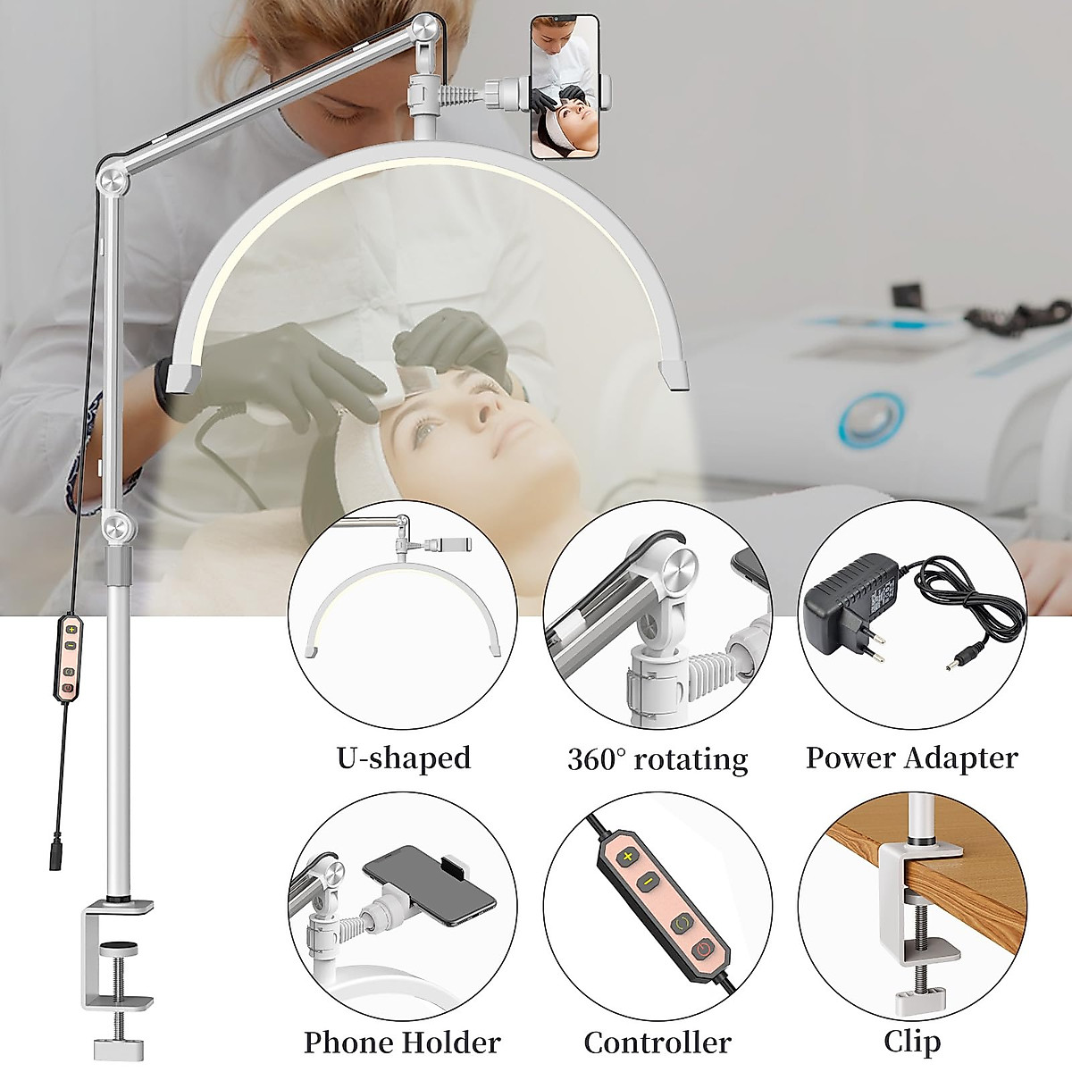 Beautycity Half Moon Lash Light for Eyelash Extensions, Half Moon Lash Lamp with Phone Holder for Makeup, Nail, Facial, Tattoo - Dimmable Eyelash Lamp & Color Temperature 3000K-6000K