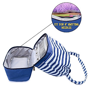 Teamoy Drawstring Yarn Bag, Knitting Tote Bag for Yarn, Unfinished Project, Knitting Needles and Accessories, Blue Strips (No Accessories Included)