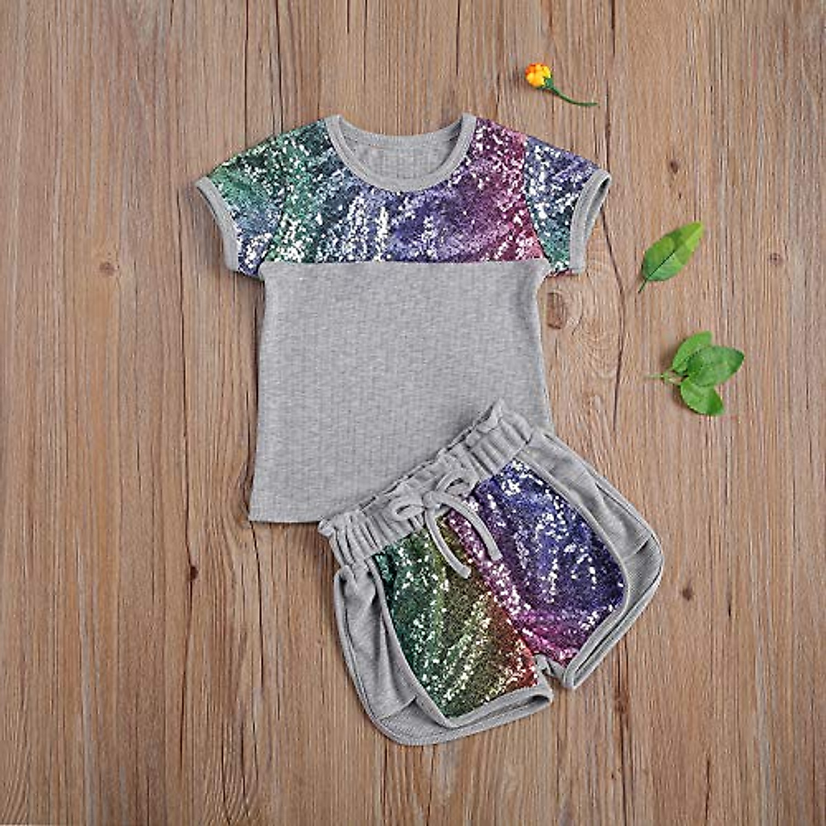 Nie Cuimeiwan Toddler Baby Girl Summer Clothes Sequins Pocket Top T-Shirts Shorts Set Mamas Little Cowgirl Outfit (Style-A Grey, 6-7 Years)