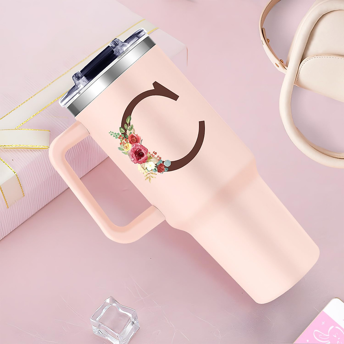 Monogrammed 40oz Tumbler with Handle for Women, Personalized Birthday Gifts for Women,Initial Cups for Woman Floral Letter C,Customized Gifts for Female Lady Gift for Mothers Day Christmas