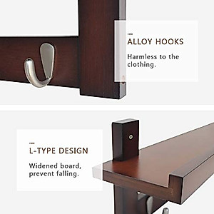 SONGWAY Wall Mounted Floating Shelf - Wall Coat Rack with Hooks and Shelf, Rustic Floating Shelf, Wood Wall Shelf with Hooks, Key Holder for Wall, Brown