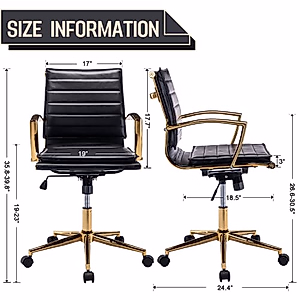 CIMOO Black Leather Office Chair Small Desk Chair Gold Executive Office Chair with Wheels Swivel Arm Chair Retro Task Chairs