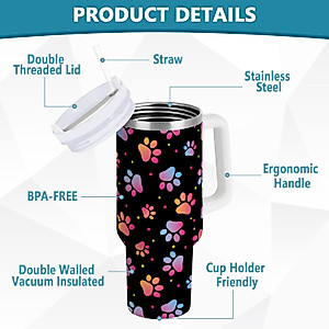 ARGTILDN 40 oz Tumbler Dog Paws Footprint Insulated Travel Mug with Handle and Straw Lid Stainless Steel Vacuum Coffee Cup Tea Beverage Container Water Bottles for Car Sports office