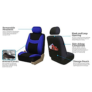 FH Group Light & Breezy Cloth Full Set Car Seat Covers (Blue/Black) Combo Set: Steering Wheel Cover, Seat Belt Pads and Black Vinyl Floor Mats – Universal Fit for Cars Trucks & SUVs