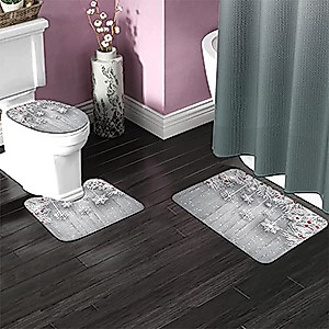 WONDERTIFY Snowflakes Bathroom Antiskid Pad Hanging Christmas Tree Branches 3 Pieces Bathroom Rugs Set, Bath Mat+Contour+Toilet Lid Cover Wooden