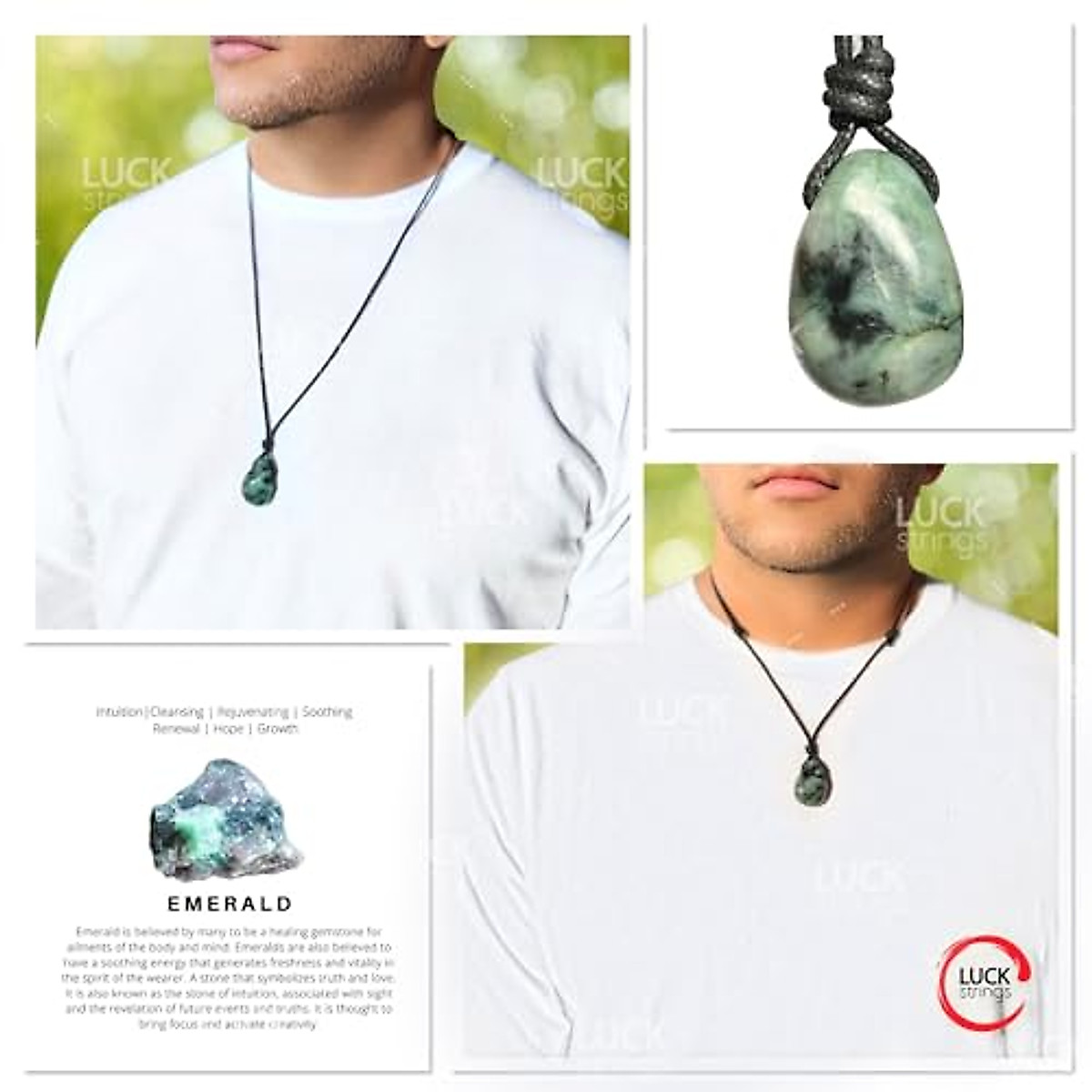 Luck Strings Handcrafted Chakra Necklace – Crystal Gemstone Energy Pendant for Both Men & Women – Amulet for Spiritual Balance – Distinctive Gem Jewelry Gift (emerald)