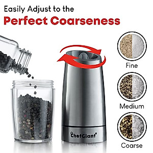 ChefGiant Electric Salt and Pepper Grinder - Automatic Gravity Activated Operation with LED Light | Adjustable Coarseness | Batteries Included | Bonus Spoon & Brush - Stainless Steel