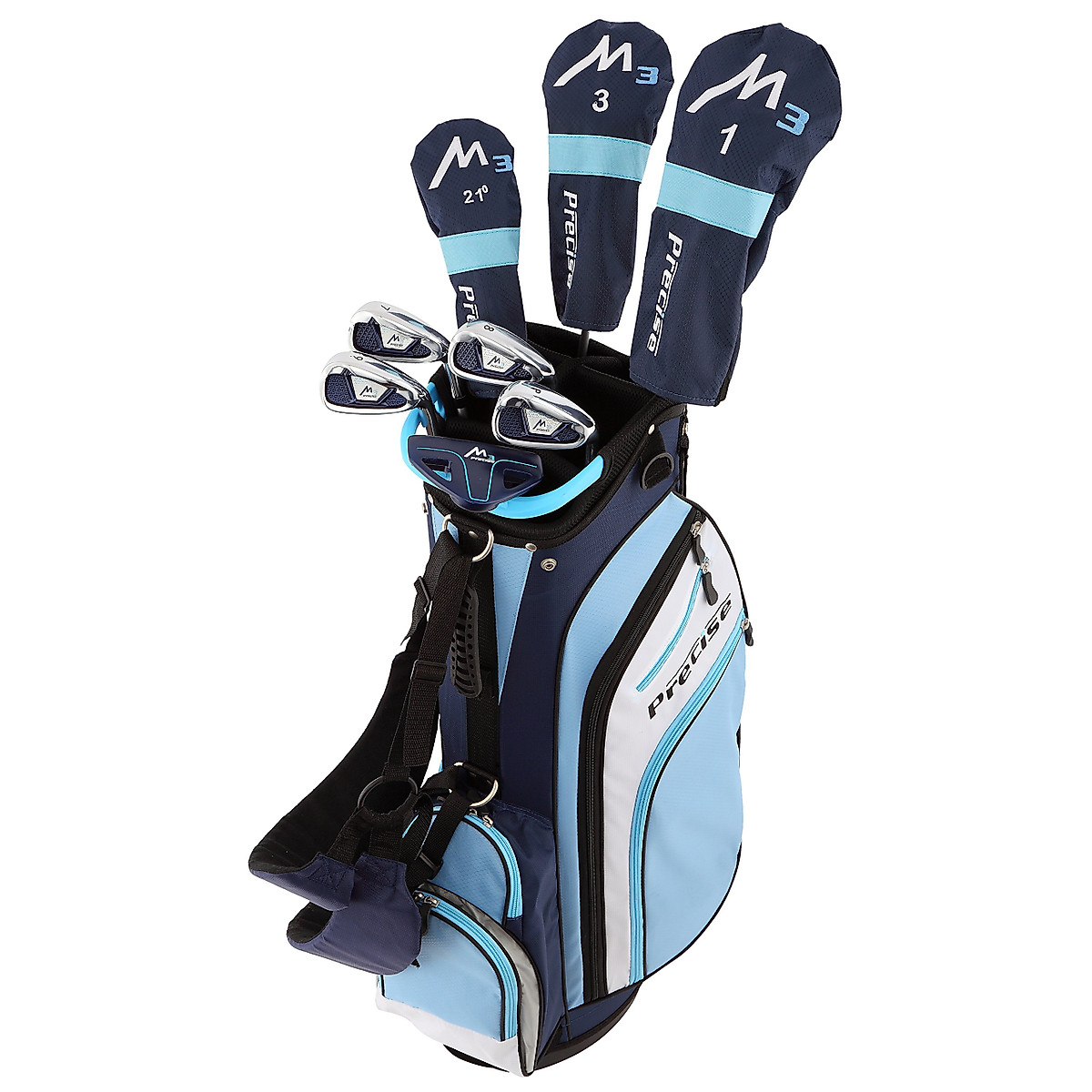 Precise M3 Petite Women's Right Handed Golf Club Set includes 12* Driver, 3 Wood, 21* Hybrid, 7-9 Cavity Back Irons, Pitching Wedge, Putter, Deluxe Stand Bag & 3 Headcovers, Stylish Lite Blue