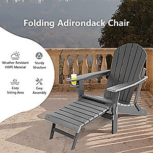 Giantex Folding Adirondack Chair, HDPE Patio Chairs Fire Pit Lounge Chair W/Retractable Ottoman & Cup Holder, Weatherproof Outdoor Adirondack Chairs for Porch, Garden, Backyard (2, Gray)