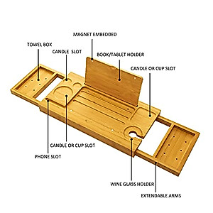 Premium Bamboo Bath Tray Table,Bathtub Caddy Table with Book Wine Phone Holder,Expandable Bathtub Tray with 2 Sliding Trays